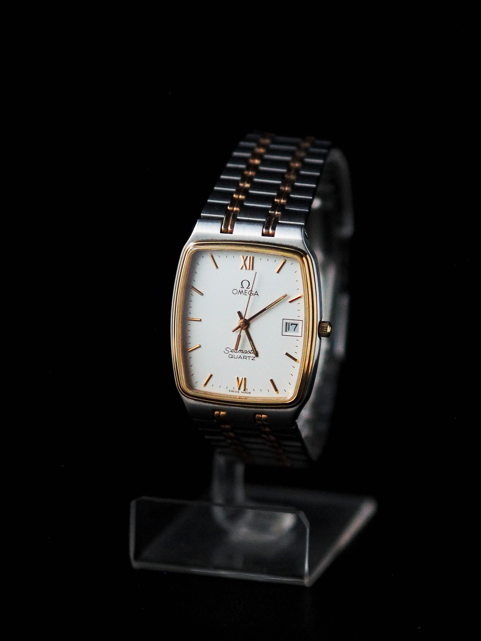 Omega Seamaster Quartz 1430 Tank Two Tone White Dial
